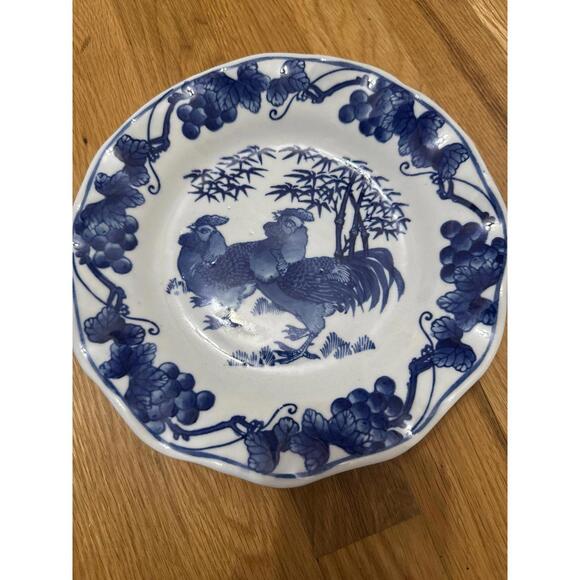 Dining | Vintage Dechang Taoci Dark Blue And White Rooster Plate | Poshmark